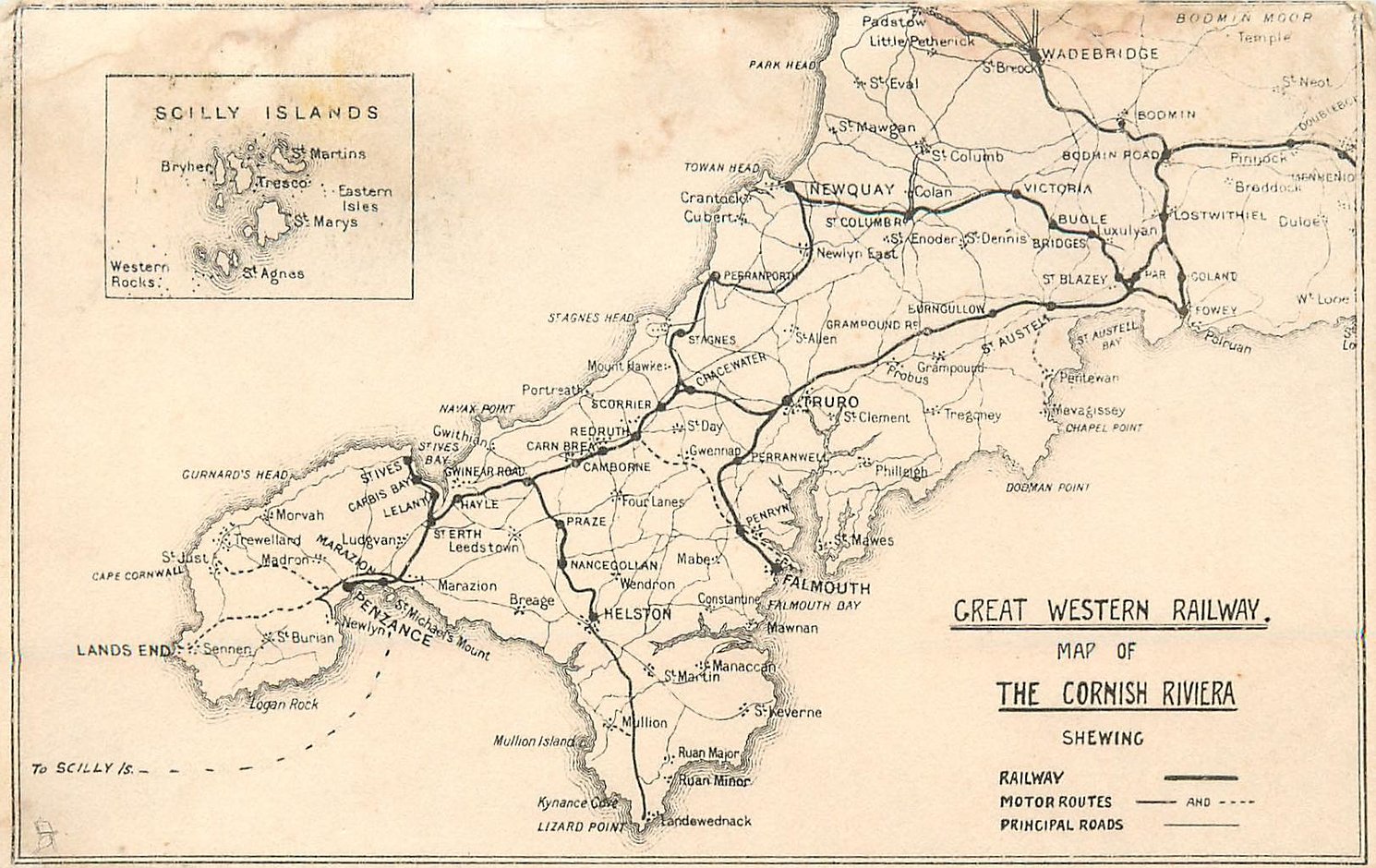 GREAT WESTERN RAILWAY MAP OF THE CORNISH RIVIERA.... - TuckDB Postcards