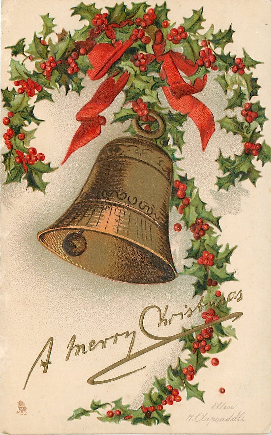 A MERRY CHRISTMAS single bell, red ribbon and holly - TuckDB Postcards