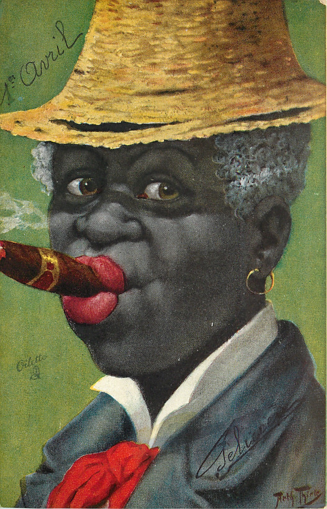 head of black man in straw hat, smoking cigar - TuckDB Postcards