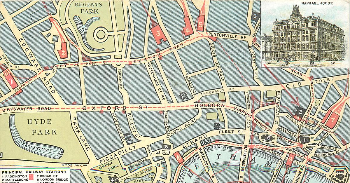 Set: London, RAPHAEL HOUSE and map of London - TuckDB Postcards