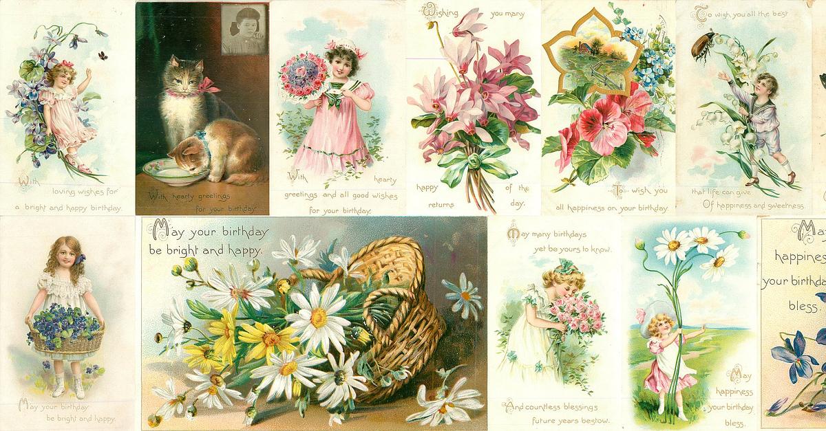 Set: BIRTHDAY POST CARDS mostly flowers & children, some pets - TuckDB ...