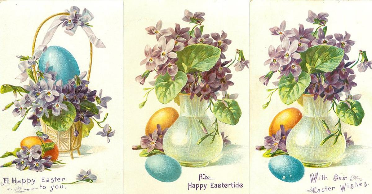 Set: EASTER POST CARDS unnumbered, violets & Easter eggs - TuckDB Postcards