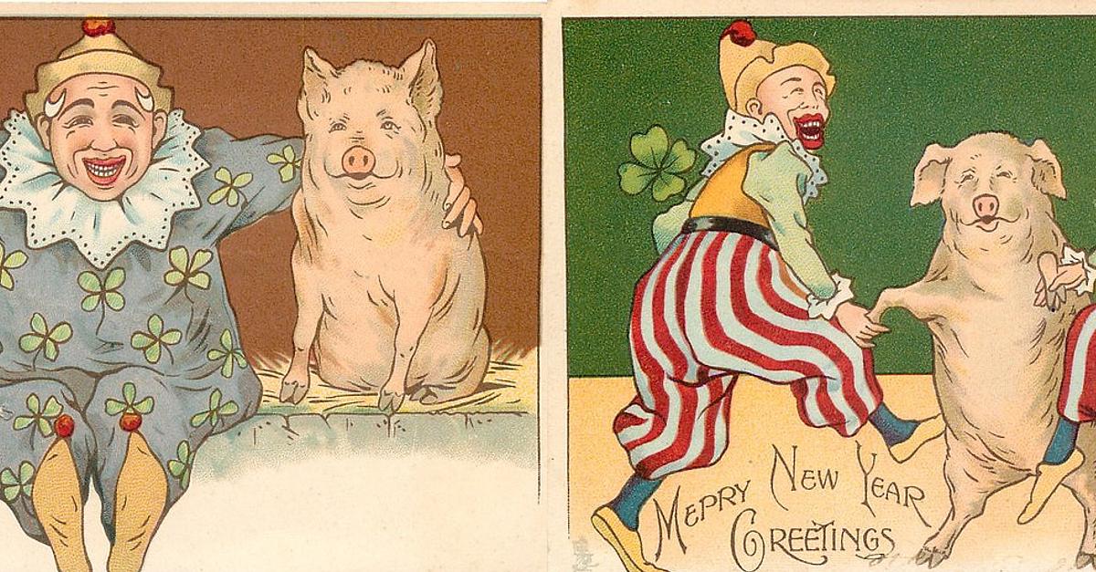 Set: NEW YEAR, clowns, pigs & good luck symbols - TuckDB Postcards