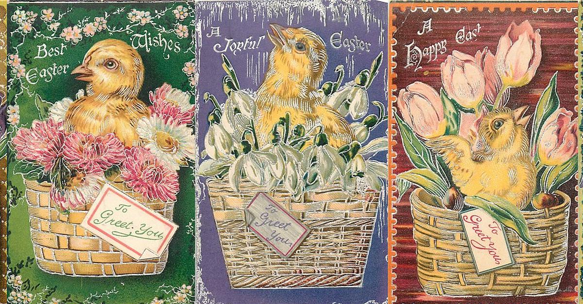 Set: EASTER POST CARDS chicks & flowers in basket - TuckDB Postcards